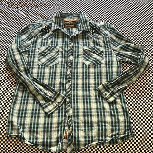 Los Altos | Shirts | Mens L Western Shirt Blue Plaid Pearl Snap ...